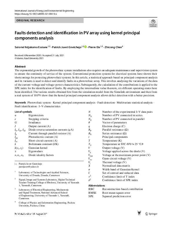 Pdf Faults Detection And Identification In Pv Array Using Kernel Principal Components Analysis