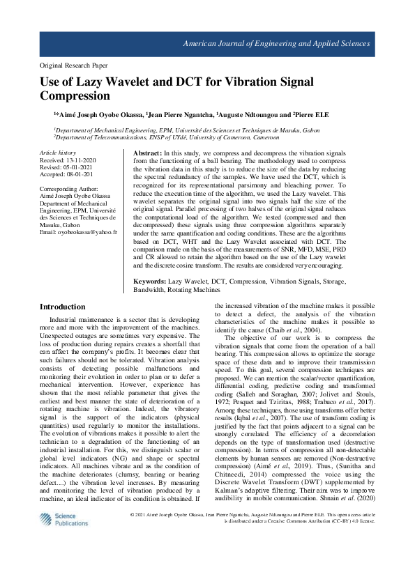 Pdf Use Of Lazy Wavelet And Dct For Vibration Signal Compression Pierre Ele