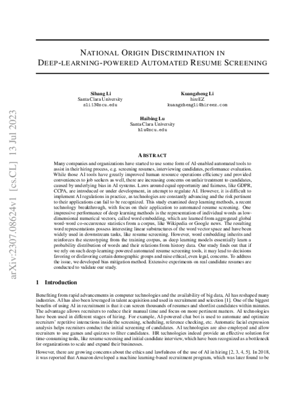 (PDF) National Origin Discrimination in Deep-learning-powered Automated Resume Screening