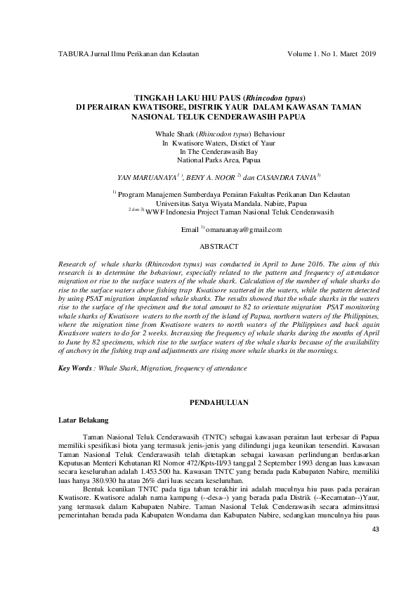(PDF) TINGKAH LAKU HIU PAUS (Rhincodon typus) DI PERAIRAN KWATISORE ...