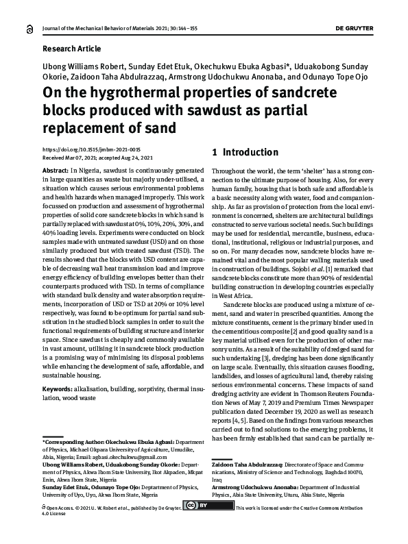 (PDF) On the hygrothermal properties of sandcrete blocks produced with ...