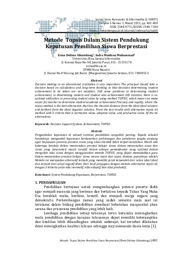 (PDF) Metode Topsis Dalam Sistem Pendukung Keputusan Pemilihan Siswa Berprestasi