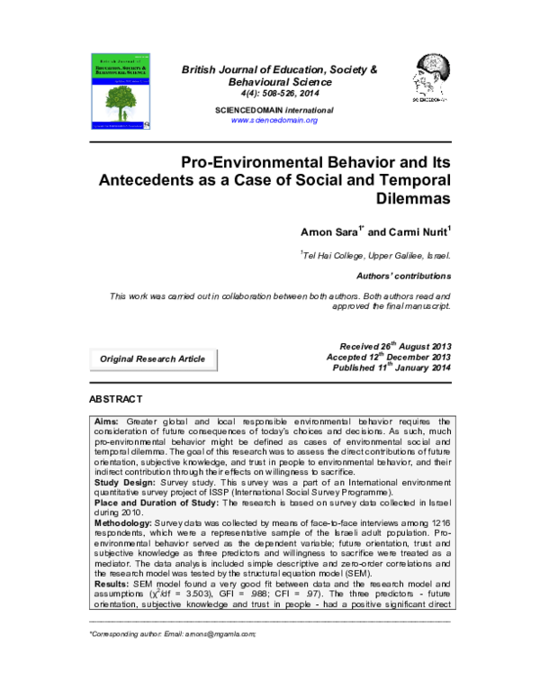 (PDF) Pro-Environmental Behavior and Its Antecedents as a Case of Social and Temporal Dilemmas