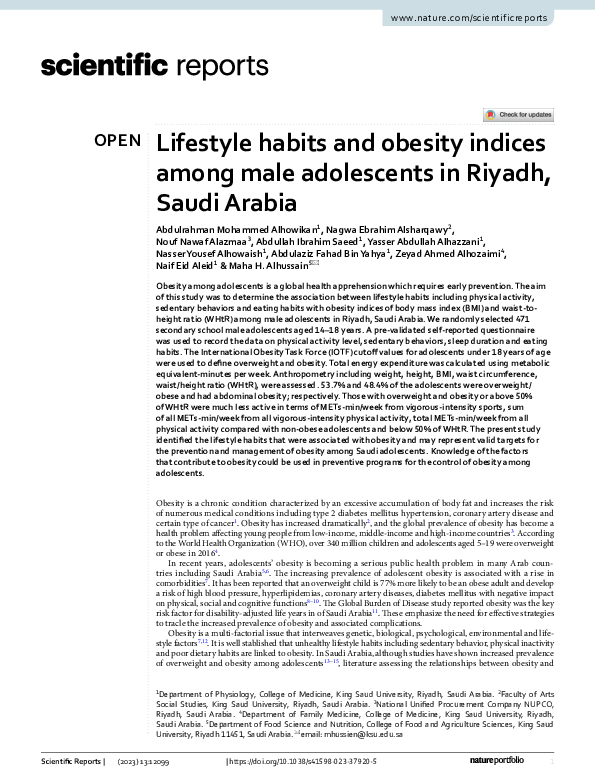 (PDF) Lifestyle habits and obesity indices among male adolescents in ...