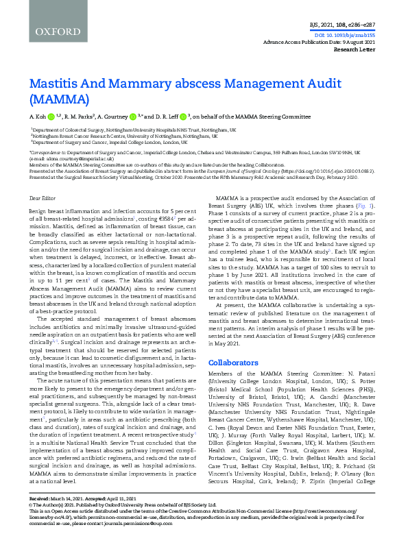 (PDF) Mastitis And Mammary abscess Management Audit (MAMMA)