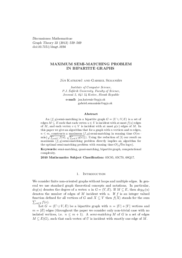 (PDF) A generalization of Hopcroft-Karp algorithm for semi-matchings and covers in bipartite ...