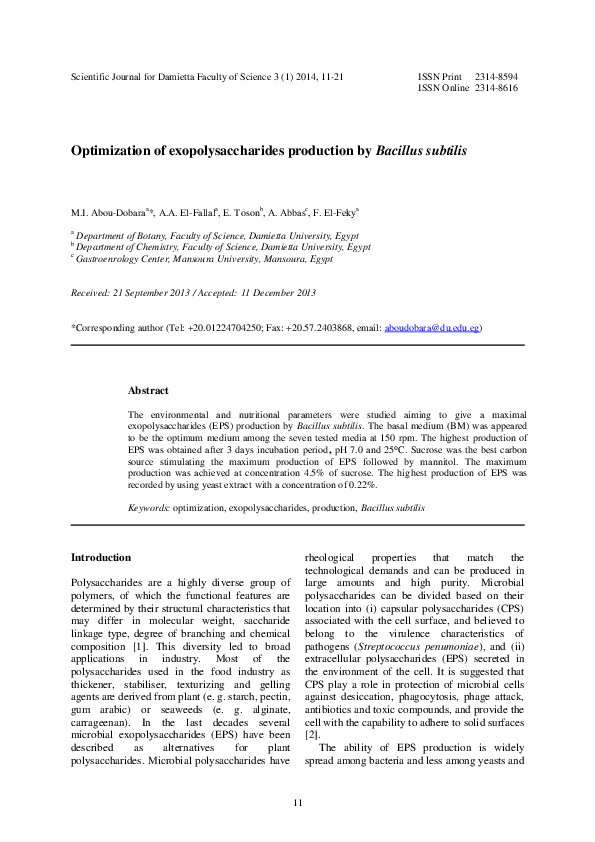 (PDF) Optimization of exopolysaccharides production by Bacillus subtilis