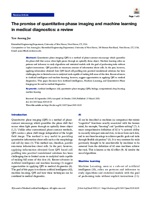 (PDF) The promise of quantitative phase imaging and machine learning in medical diagnostics: a ...