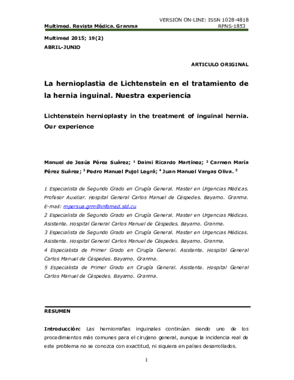 (PDF) La hernioplastia de Lichtenstein en el tratamiento de la hernia ...