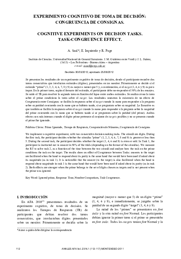(PDF) Cognitive Experiments on Decision Tasks. Task-Congruence Effect