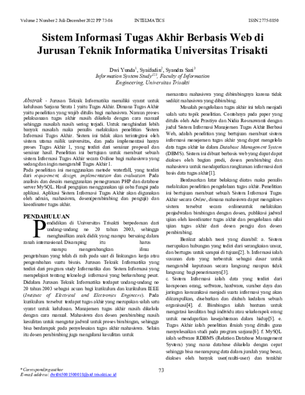 (PDF) Sistem Informasi Tugas Akhir Berbasis Web di Jurusan Teknik Informatika Universitas Trisakti