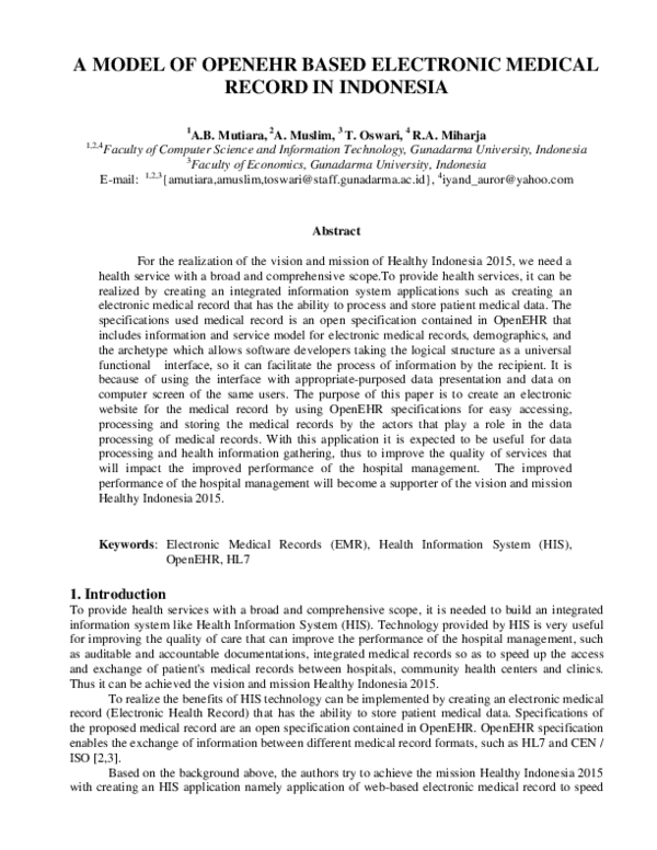 (PDF) A Model of OpenEHR Based Electronic Medical Record In Indonesia
