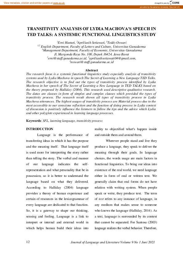 (PDF) Transitivity Analysis of Lydia Machova’s Speech in Ted Talks: A ...