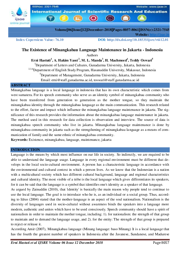Pdf The Existence Of Minangkabau Language Maintenance In Jakarta Indonesia