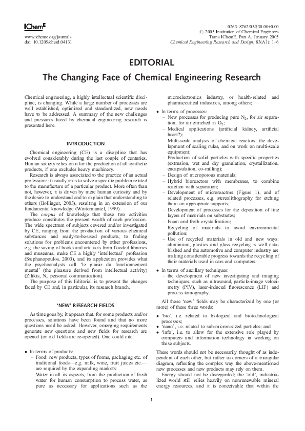 (PDF) The Changing Face of Chemical Engineering Research