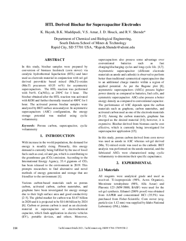 (PDF) HTL Derived Biochar for Supercapacitor Electrodes | Rajesh Shende ...