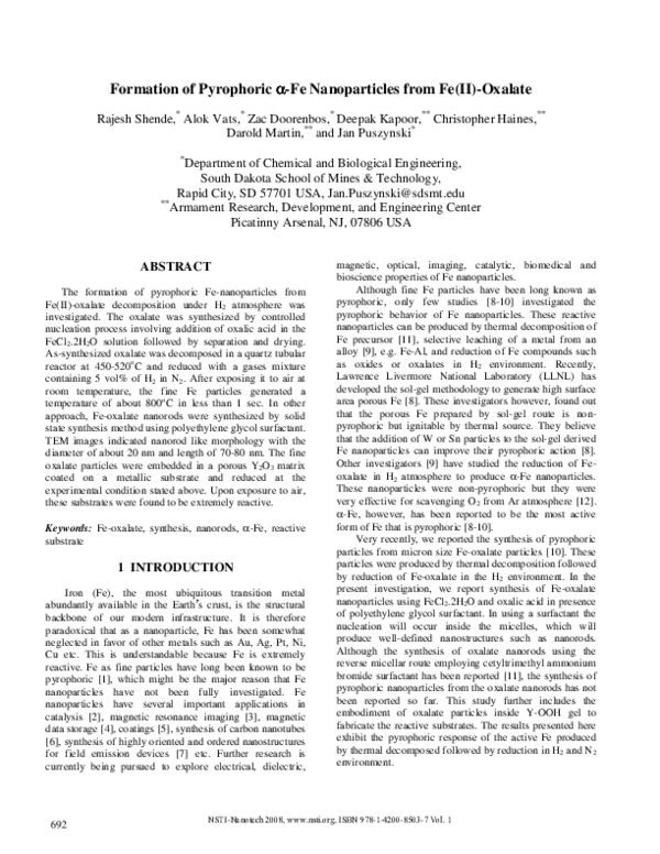 (PDF) Formation of Pyrophoric _-Fe Nanoparticles from Fe(II)-Oxalate