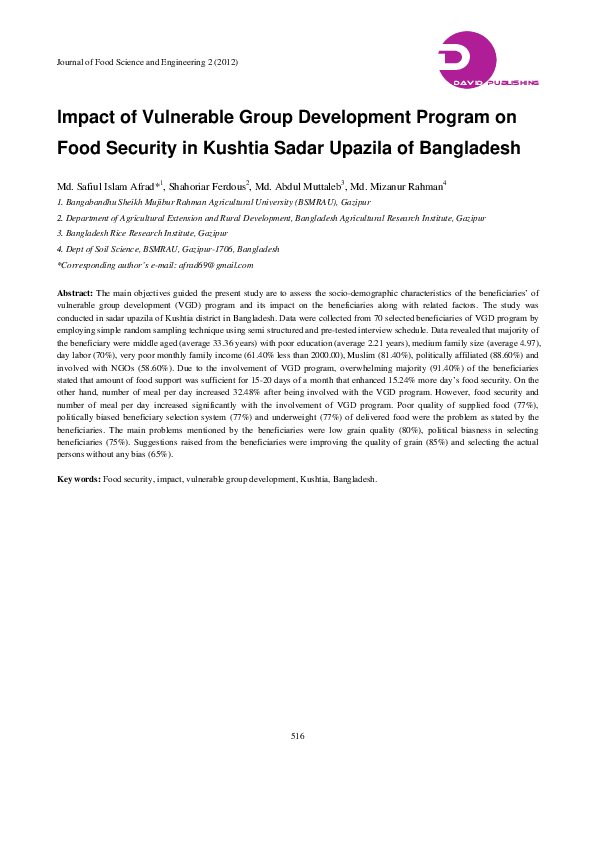 (PDF) Impact of Vulnerable Group Development Program on Food Security in Kushtia Sadar Upazila ...