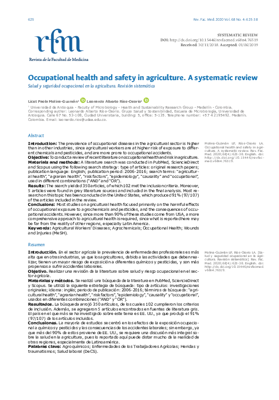 (PDF) Occupational health and safety in agriculture. A systematic review