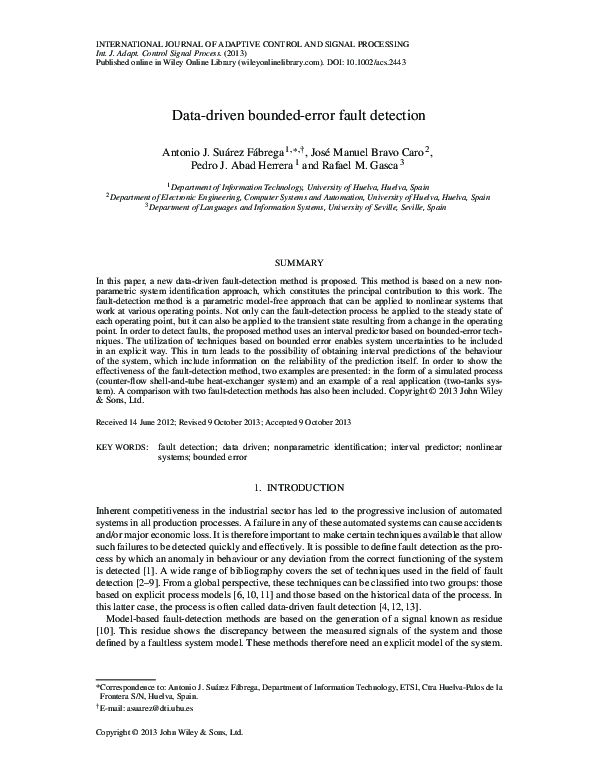 Pdf Data Driven Bounded Error Fault Detection