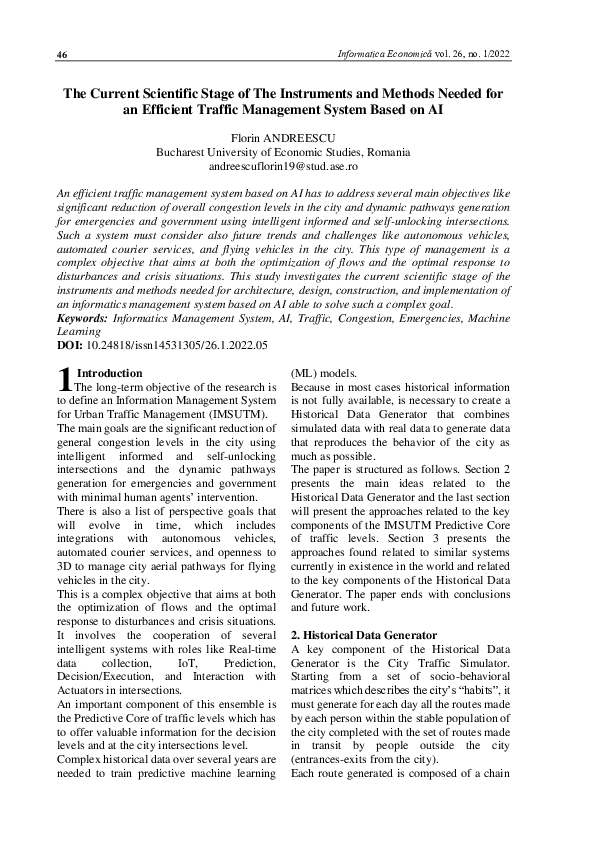 The Current Scientific Stage of The Instruments and Methods Needed for an Efficient Traffic ...