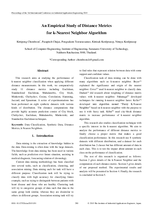 (PDF) An Empirical Study of Distance Metrics for k-Nearest Neighbor Algorithm