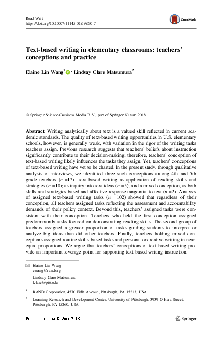 (PDF) Text-based writing in elementary classrooms: teachers ...