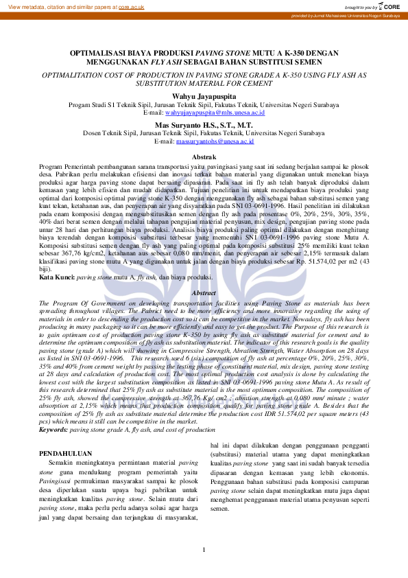 (PDF) Optimalisasi Biaya Produksi Paving Stone Mutu a K-350 Dengan Menggunakan Fly Ash Sebagai ...