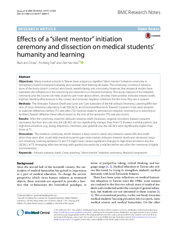 (PDF) Effects of a “silent mentor” initiation ceremony and dissection ...