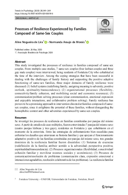 Pdf Processes Of Resilience Experienced By Families Composed Of Same Sex Couples