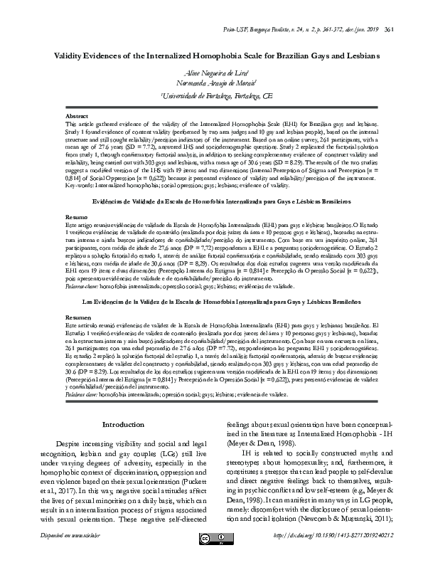 (PDF) Validity Evidences of the Internalized Homophobia Scale for ...