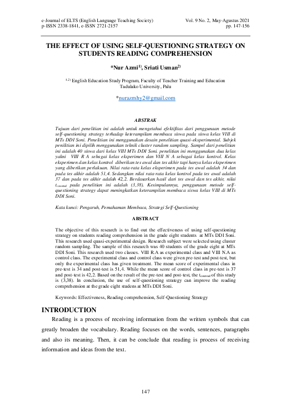(PDF) Effect of Using Self-Questioning Strategy on Students Reading ...