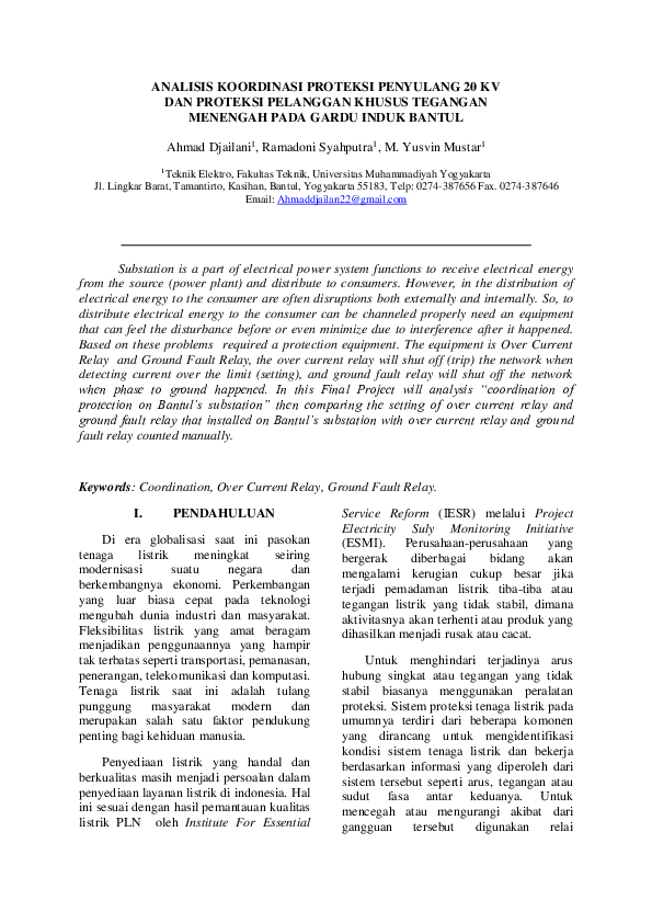(PDF) Analisis Koordinasi Proteksi Penyulang 20 KV Dan Proteksi ...