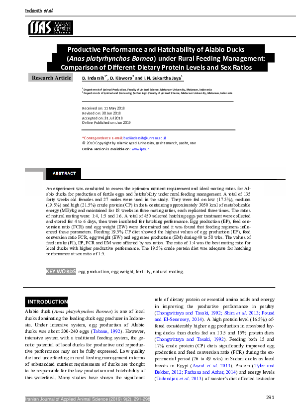 (PDF) Productive performance and hatchability of Alabio ducks (Anas ...