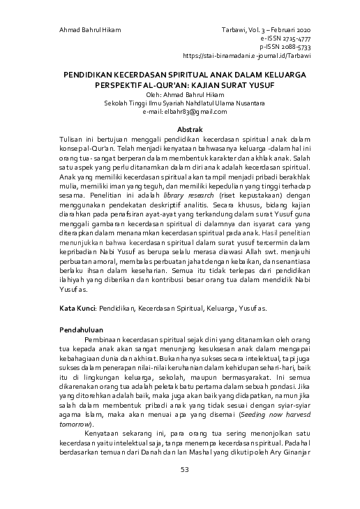 (PDF) Pendidikan Kecerdasan Spiritual Anak Dalam Keluarga Perspektif Al-Qur'An: Kajian Surat ...