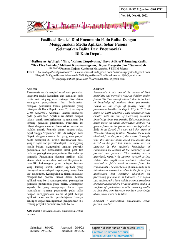 (PDF) Fasilitasi Deteksi Dini Pneumonia Pada Balita Dengan Menggunakan ...