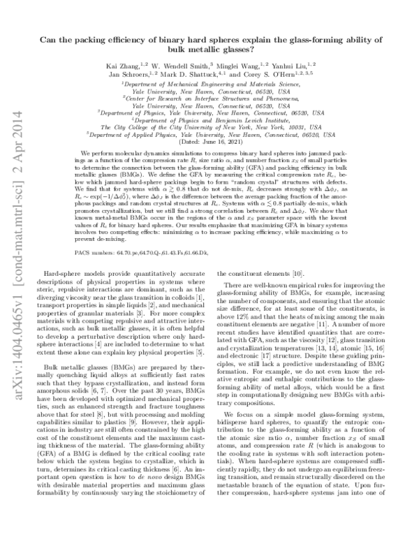 (PDF) Connection between the packing efficiency of binary hard spheres ...