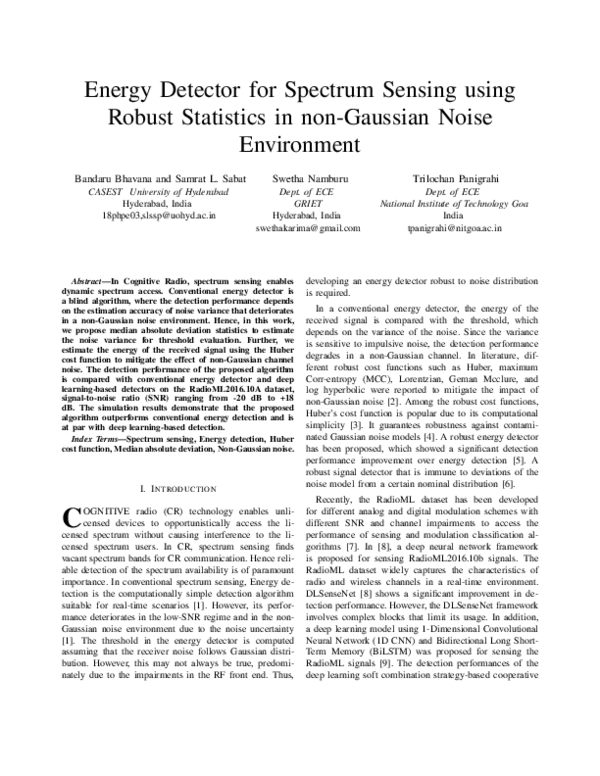 (PDF) Energy Detector for Spectrum Sensing using Robust Statistics in ...