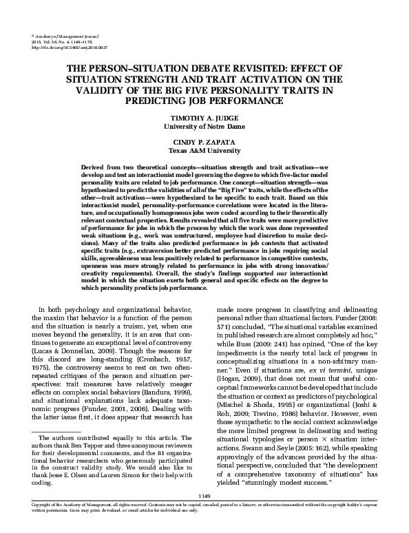 (PDF) The Person–Situation Debate Revisited: Effect of Situation ...