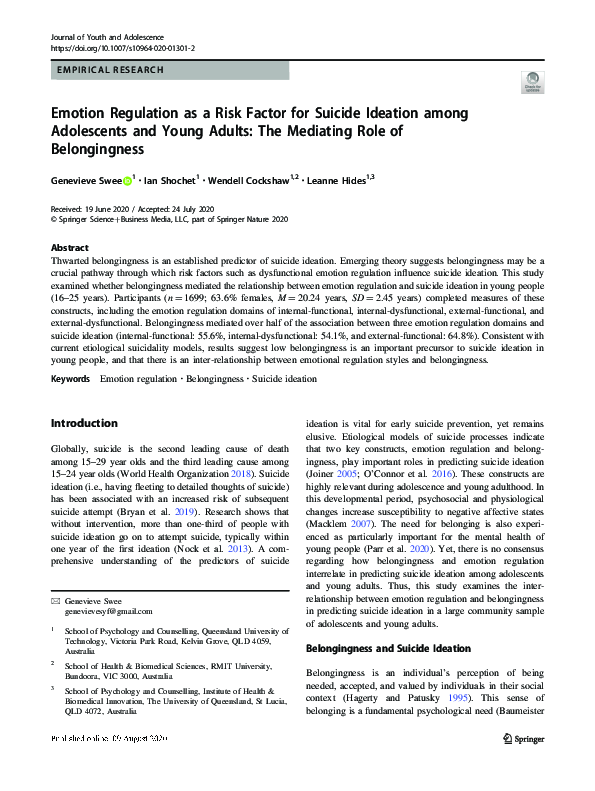 (PDF) Emotion Regulation as a Risk Factor for Suicide Ideation among ...