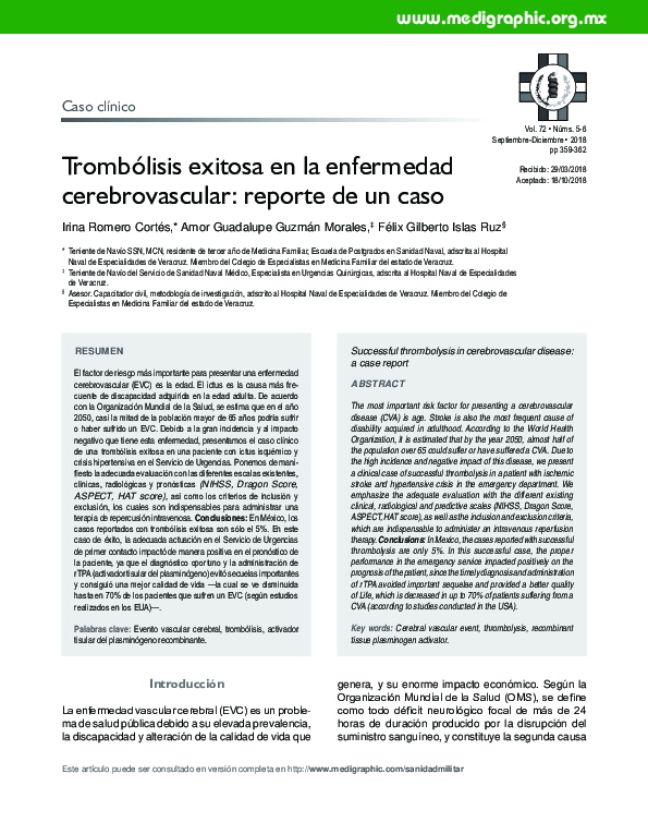 (PDF) Trombólisis exitosa en la enfermedad cerebrovascular: reporte de ...