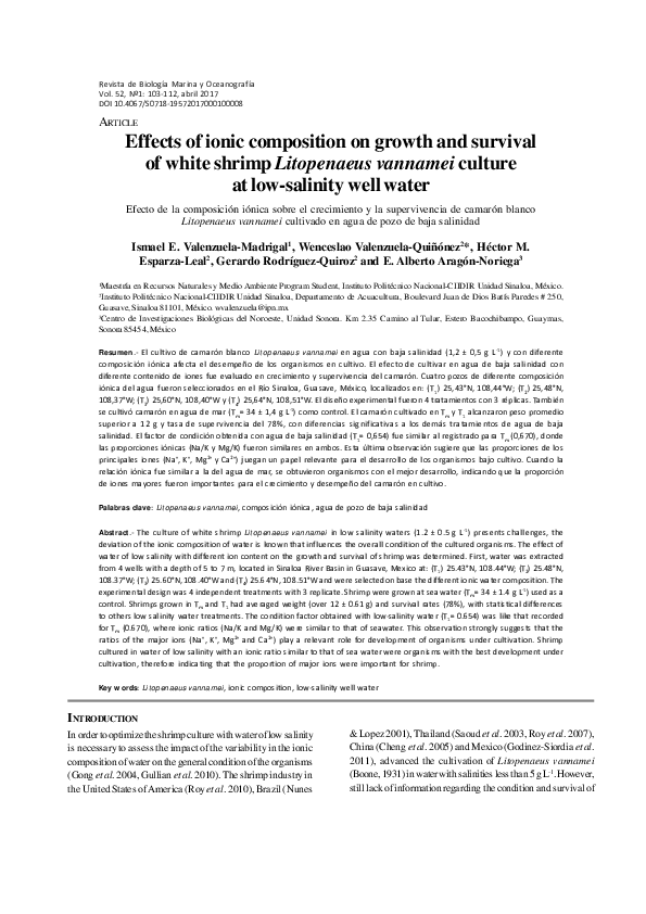 Effects of ionic composition on growth and survival of white shrimp Litopenaeus vannamei culture ...
