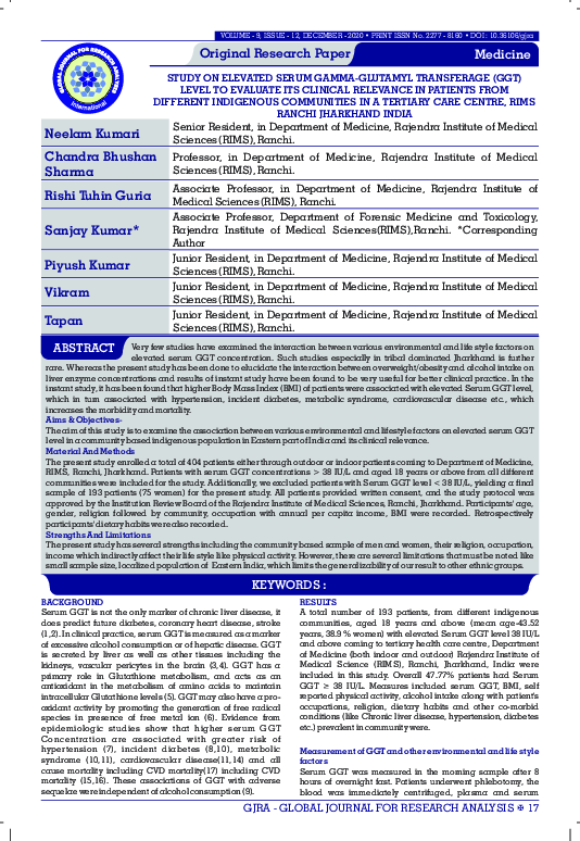 (PDF) Study on Elevated Serum Gamma-Glutamyl Transferage (GGT) Level to ...