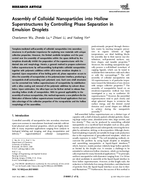 (PDF) Assembly of Colloidal Nanoparticles into Hollow Superstructures by Controlling Phase ...