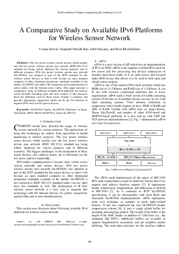 (PDF) A Comparative Study on Available IPv6 Platforms for Wireless Sensor Network