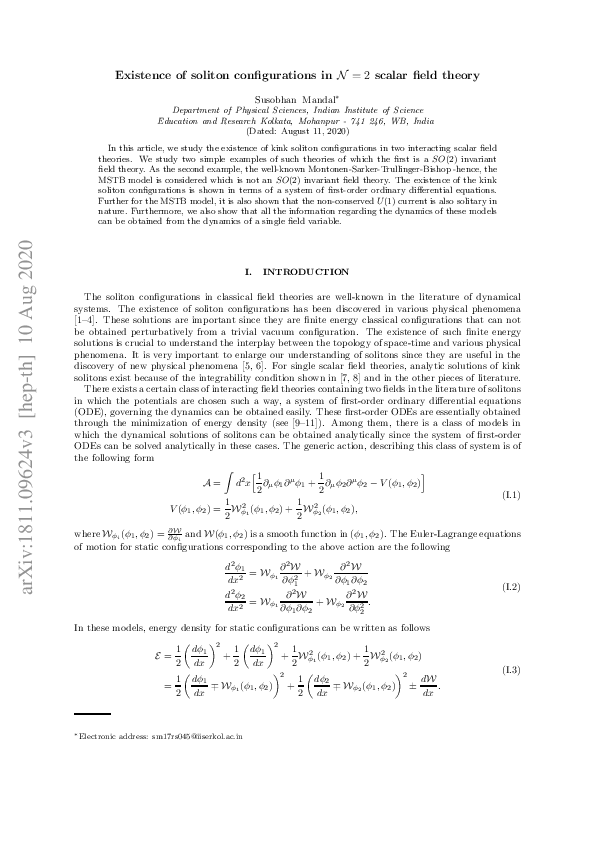 (PDF) Existence of soliton configurations in N=2 scalar field theory
