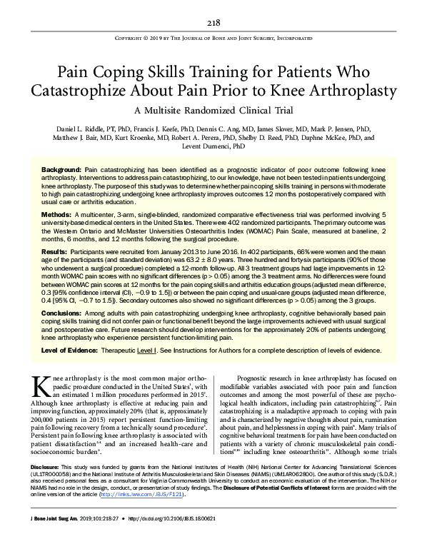 (PDF) Pain Coping Skills Training for Patients Who Catastrophize About ...