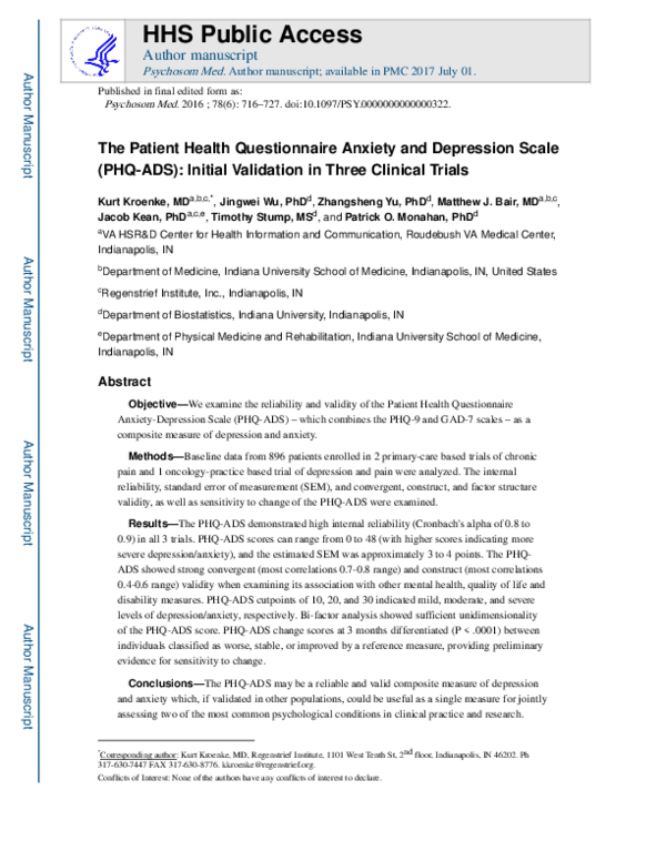(PDF) Patient Health Questionnaire Anxiety and Depression Scale