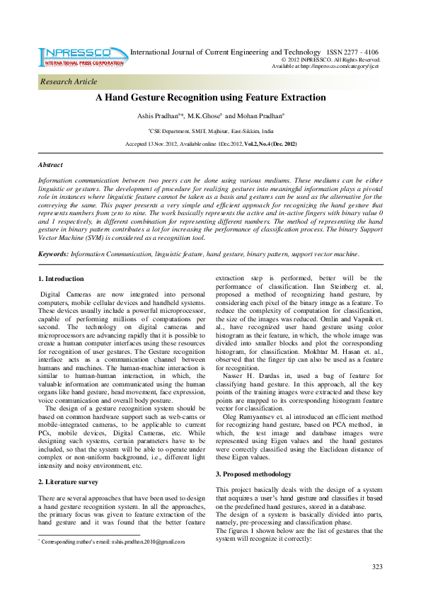 Pdf A Hand Gesture Recognition Using Feature Extraction