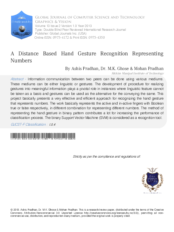 (PDF) A Distance Based Hand Gesture Recognition Representing Numbers